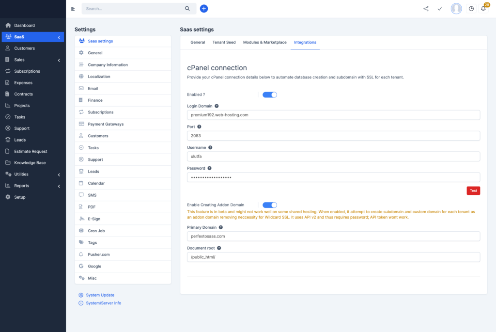 Integration with cPanel - Perfex To SaaS